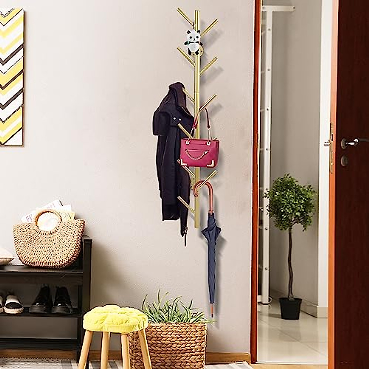 SHENGTIAN 39.37in Gold Metal Tree Branch Wall Mounted Coat Rack, Hat Tree For Wall,Purse Rack With 11 Hooks, Space Saving And Easy Installation, Suitable For Living Room, Bedroom (Gold-Y)