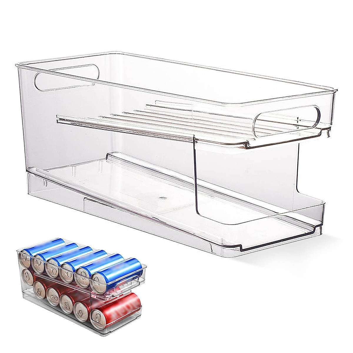 Automatic Rolling Can Dispenser, 2-Tier Soda Can Storage Organizer for Refrigerator, Drink Can Organizer for Fridge, Refrigerated Drawer with Handle for Freezer Kitchen Pantry (Plastic)