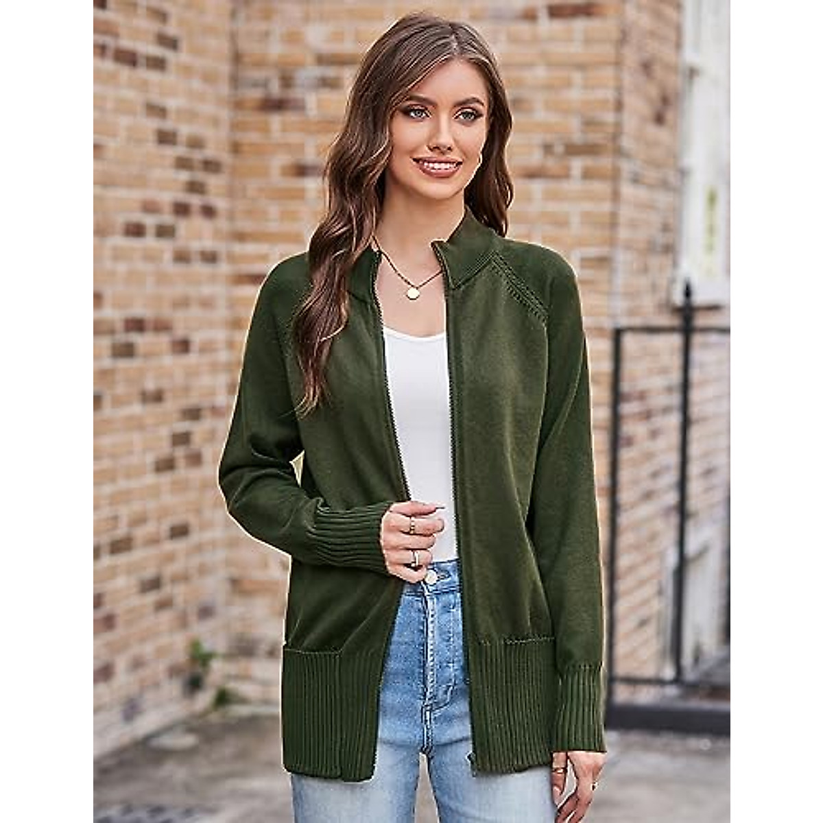 GRACE KARIN Women 2023 Fall Winter Zip Up Sweater Cardigan Long Sleeve Chunky Knit Sweater Jacket with Pockets S Dark Army Green