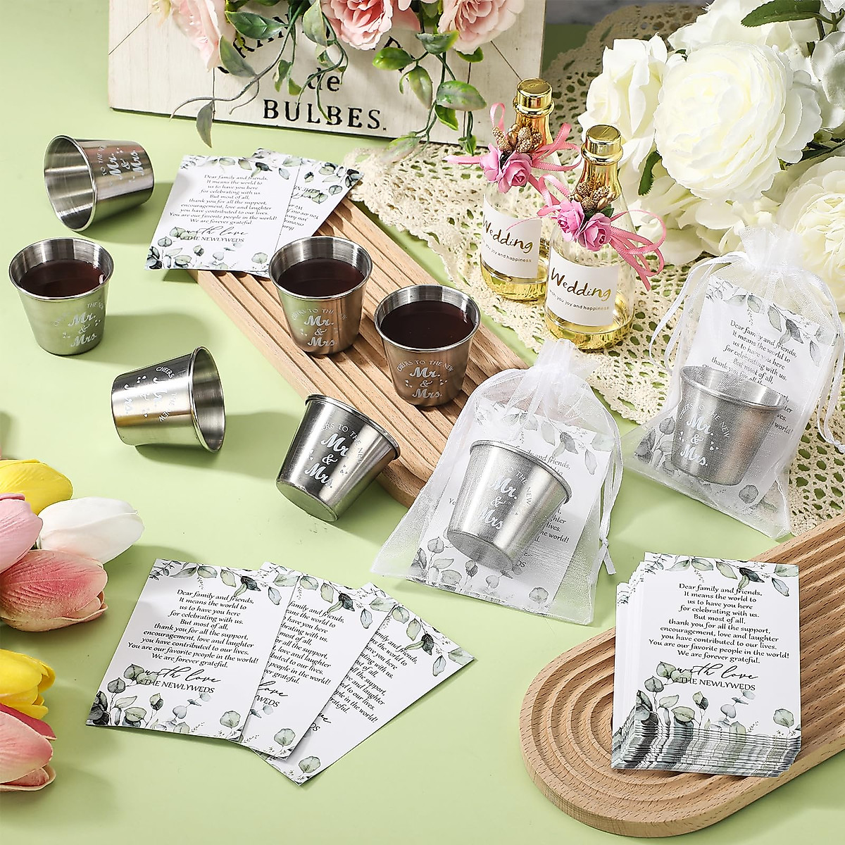 Uiifan Wedding Favors for Guests 1.5 oz Stainless Steel Shot Glasses Bulk Metal Cups Cards with Organza Bags Wedding Party Souvenirs Thank You Gifts for Guest (Cheers,50 Set)