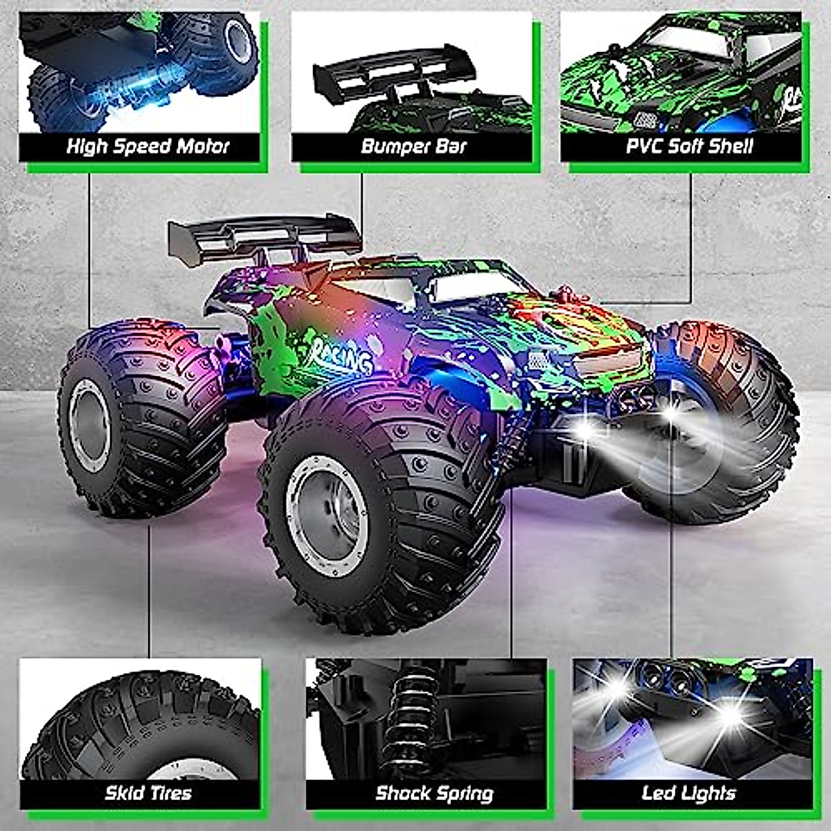 BAZOLOTA RC Car, 1:18 Scale All Terrain RC Truck, 2WD 20Km/h Remote Control Car, Remote Control Truck with LedLight and Two Rechargeable Batteries, Monster Truck Off Road Racing Car for Kid and Adult