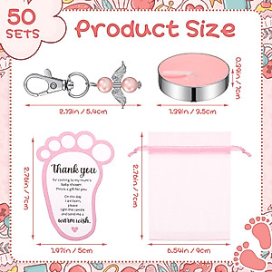 Landical 50 Sets Baby Shower Favors for Guests Including 50 Unscented Tealight Baby Shower Candles 50 Angel Keychains 50 Gift Bags 50 Baby Shower Cards for Baby Shower Gender Reveal Party(Pink)