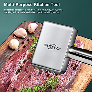 SUCCFLY Meat Tenderizer Stainless Steel, Heavy Duty Meat Hammer, Kitchen Meat Mallet, Meat Pounder Flatterner Weighted Hammer Extended Handle for Labor-saving Chicken Steak Meat Tenderizer Tool(1.6LB)