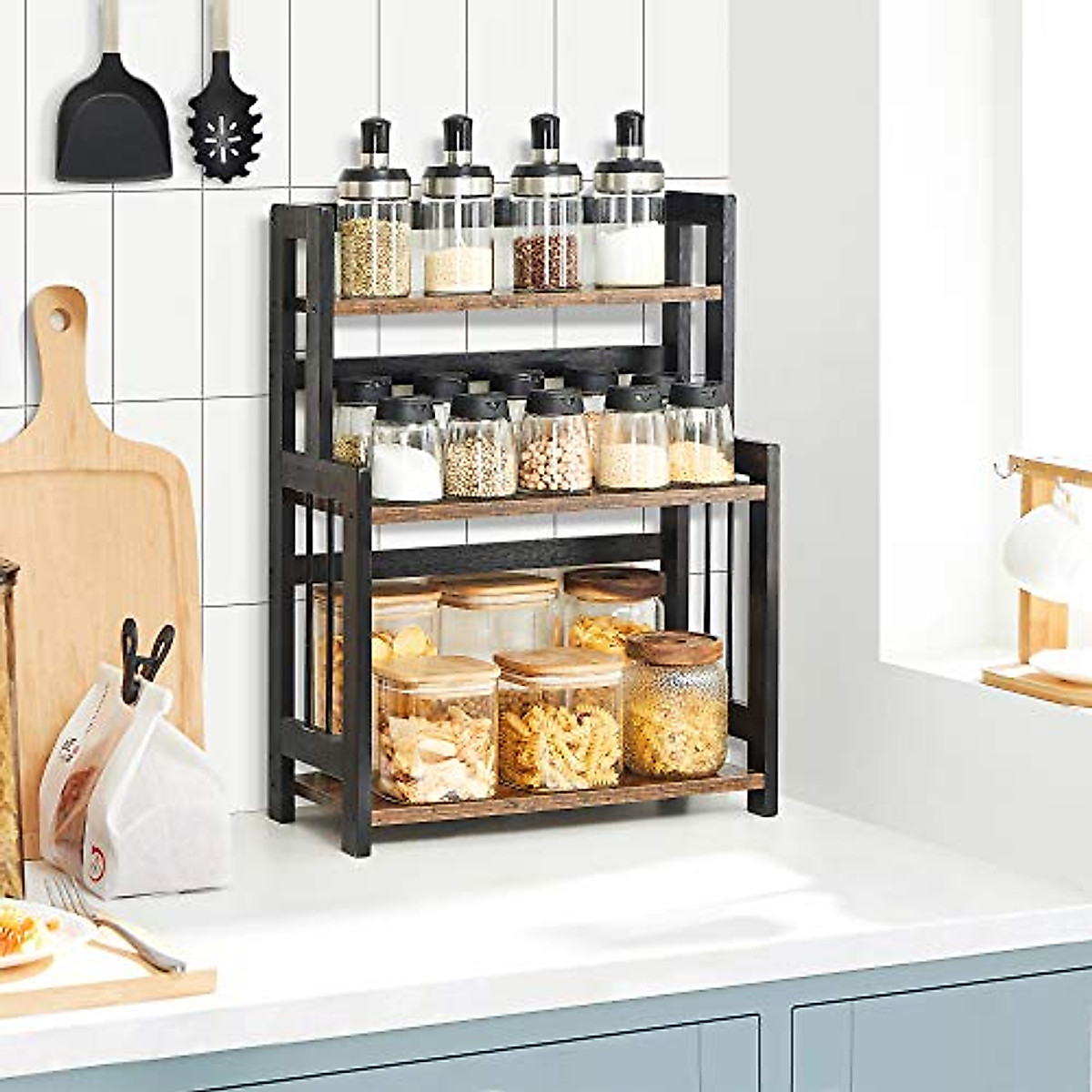 SONGMICS Spice Rack, 3-Tier Counter Shelf, Desktop Organizer with Bamboo Frame, for Countertop, Kitchen, Dining Room, Office, Rustic Brown and Black UOFS047B01