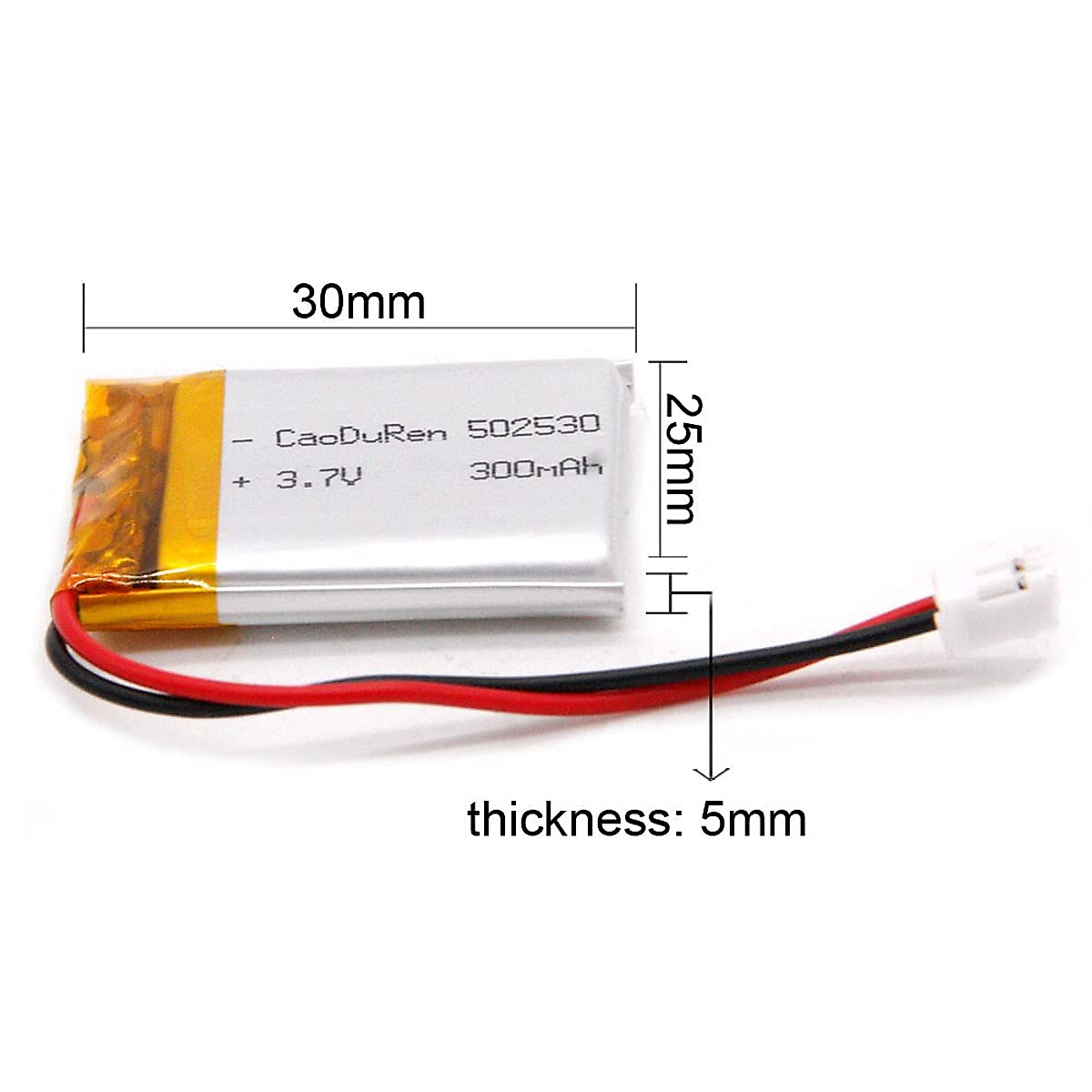 CaoDuRen MSDS Verified Part Number: 502530, Rechargeable 3.7V 300mAh Li Lipo Lithium Polymer Ion Battery Pack with 2 Pin 2.0mm JST Connector