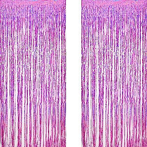 Miliocry 2 Pack 3.3 x 8 ft Pink Foil Fringe Curtains, Metallic Tinsel Curtain Backdrop for Parties, Door Wall Streamers, Glitter Streamer for Birthday, Photo Booth Props, Christmas Party Decor