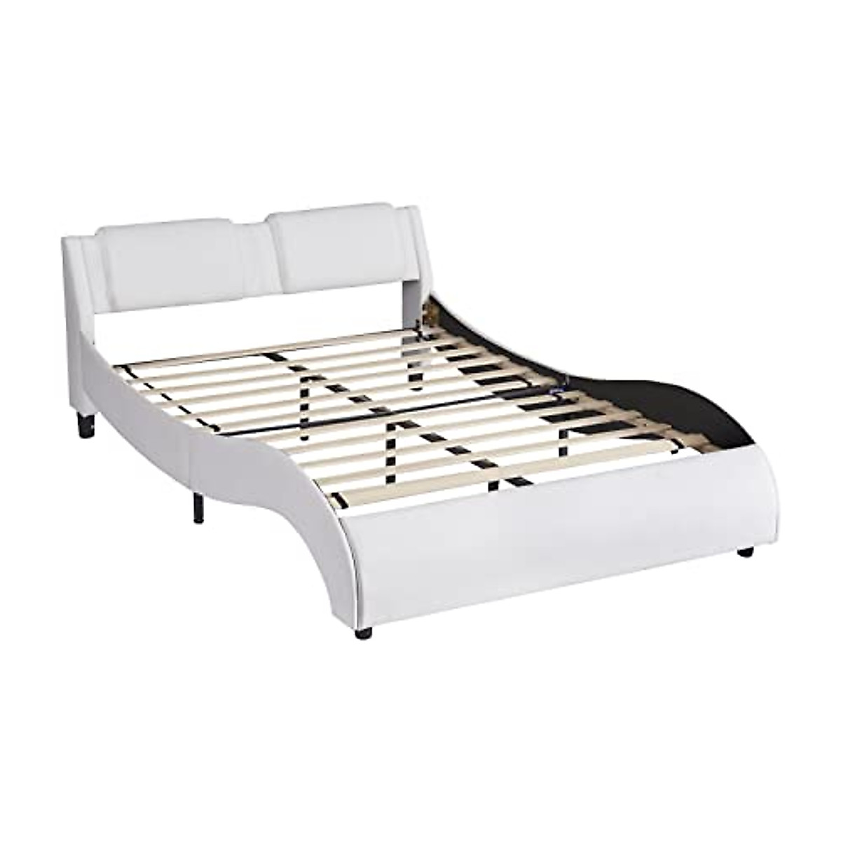 BIADNBZ Full Size Wavy Platform Bed with Adjustable LED Light, Modern Upholstered Faux Leather Bedframe for Kids, Wooden Slats Support, No Box Spring Needed, White