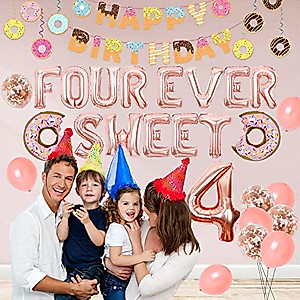 Donuts 4th Birthday Party Decorations, Four Ever Sweet Birthday Decorations for Girls with Donut Happy Birthday Banner, Hanging Swirls, Four Ever Sweet Balloons and Cake Topper