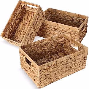 Layhit Set of 3 Wicker Storage Baskets, Water Hyacinth Wicker Storage Baskets Set, Wicker Storage Baskets for Storage, Water Hyacinth Storage Baskets for Shelves,3 Mixed Sizes