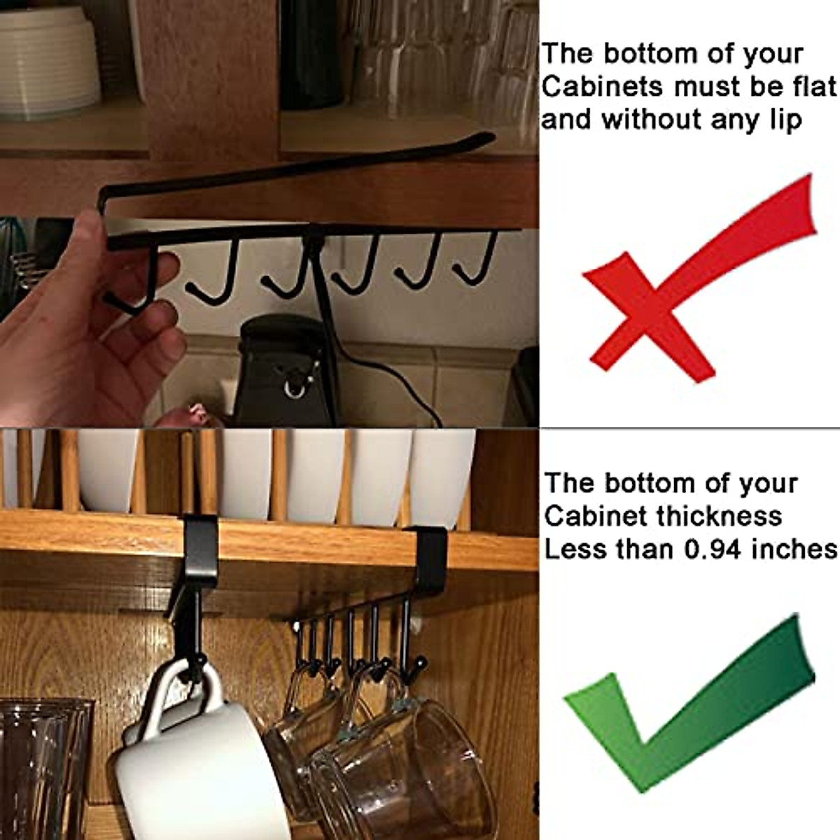 Mug Hooks Under Cabinet 3 pcs Coffee Tea Cup Mug Holder for Kitchen wiht 6 Hook, Fit for 0.94 Inch Thickness Shelf or Less by WOCHOLL (3pcs Black)