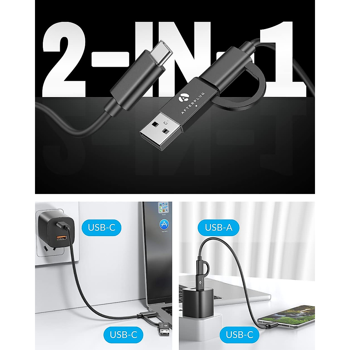 Afterplug 2-in-1 USB C to USB C/A Cable (1ft), USB3 10Gbps & 60W PD Charger Cord for iPhone 15 & 16 Series, MacBook, iPad, Samsung S24 S23 S22, Power Bank