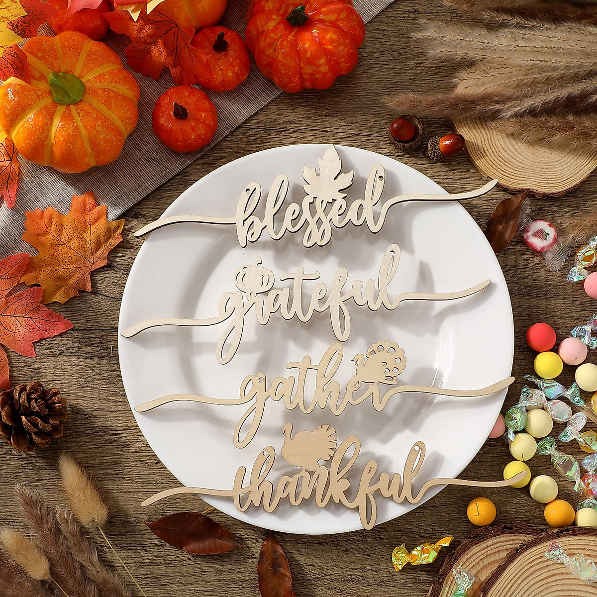 8 Pcs Thanksgiving Wood Cutout Cards Sign Grateful Blessed Gather Thankful Plates Thanksgiving Place Setting Decorations Hanging Thanksgiving Plate Decor for Home Table Setting Decor (Burlywood)