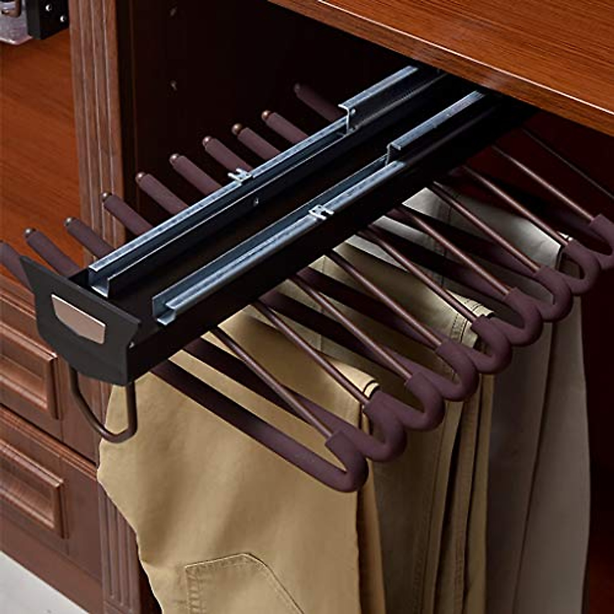 FKhanger Pull Out Pants Hanging Rack,10 Pairs Trousers Sliding Rack with Damper for Wardrobe,Tie Holder Hanging Rod-Brown