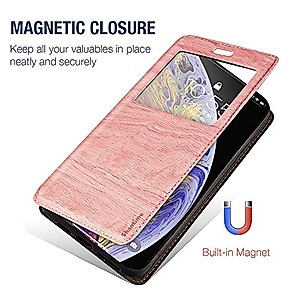 for Gigaset GS195 Case, Wood Grain Leather Case with Card Holder and Window, Magnetic Flip Cover for Gigaset GS195 (6.18”)