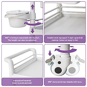 biosp Medical Trolley 3 Tier 500 Lbs Heavy Duty Professional Utility Cart Spacious Beauty Salon Rolling Trolley with 360°Rotate Wheels, Dirt Bucket & Drawer for Hospital Dental Clinic, White