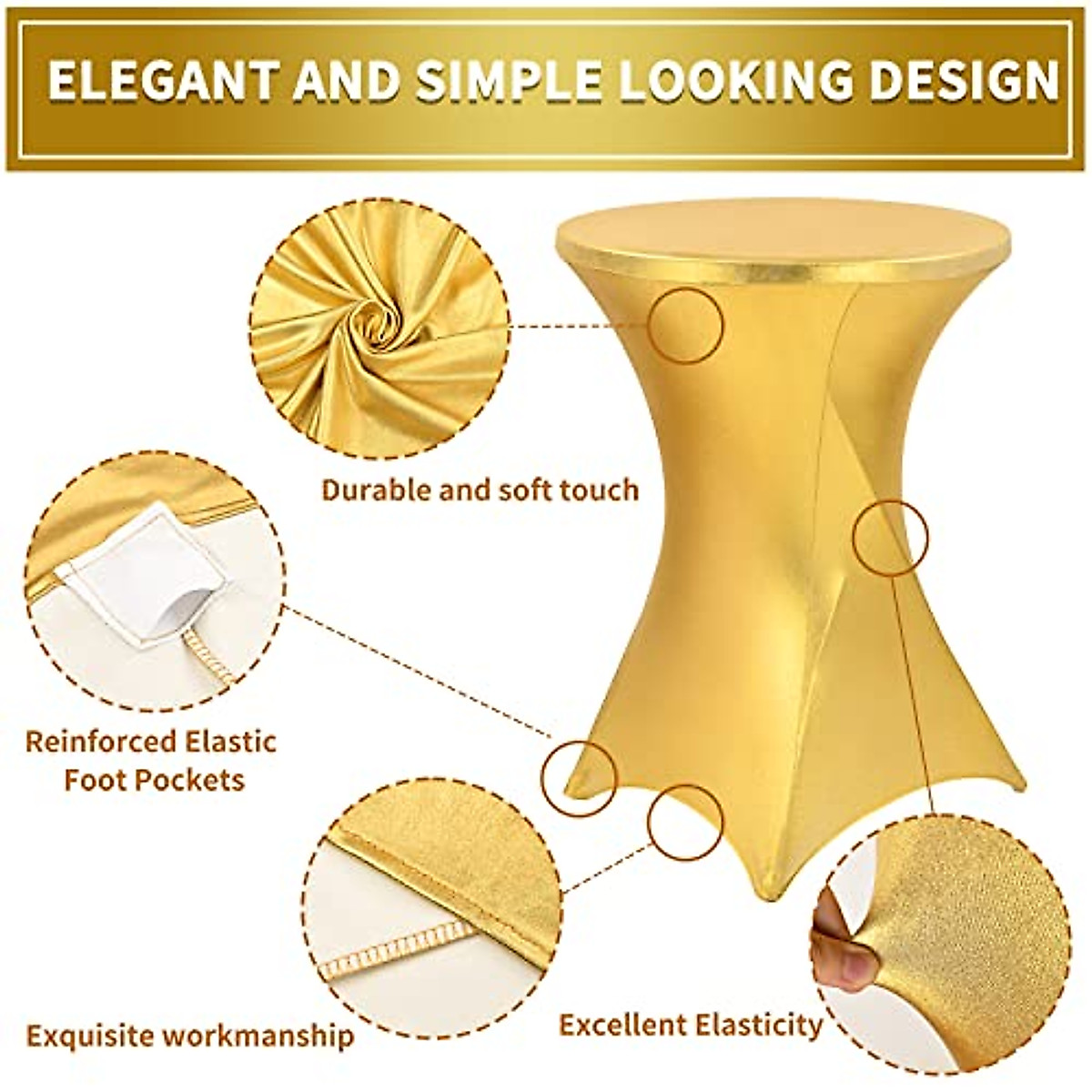 4 Pack Cocktail Spandex Stretch Square Corners Tablecloth, 32"x43" Metallic Gold Spandex Cocktail Table Cover, Fitted High Top Round Table Cloth for Wedding Bar Party Events Home Decor Supplies
