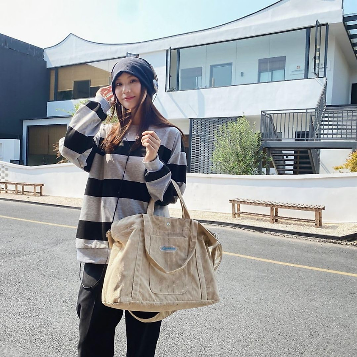 MadGrandeur Corduroy Tote Bag for Women Cute Tote Bags for School Crossbody Tote Bag Aesthetic Large Purse (Khaki)