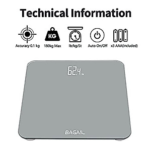 BAGAIL BASICS Bathroom Scale, Digital Weighing Scale with High Precision Sensors and Tempered Glass, Ultra Slim, Step-on Technology, Shine-Through Display - 15Yr Guarantee Grey