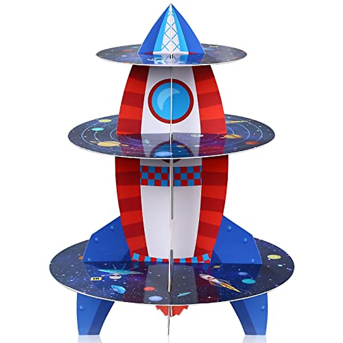 3 Tiers Rocket Cupcake Stand Outer Space Cardboard Cupcake Holder Galaxy Party Dessert Tower Solar System Treat Stand for Kids Space Birthday Decor Baby Shower Family Gathering Supplies
