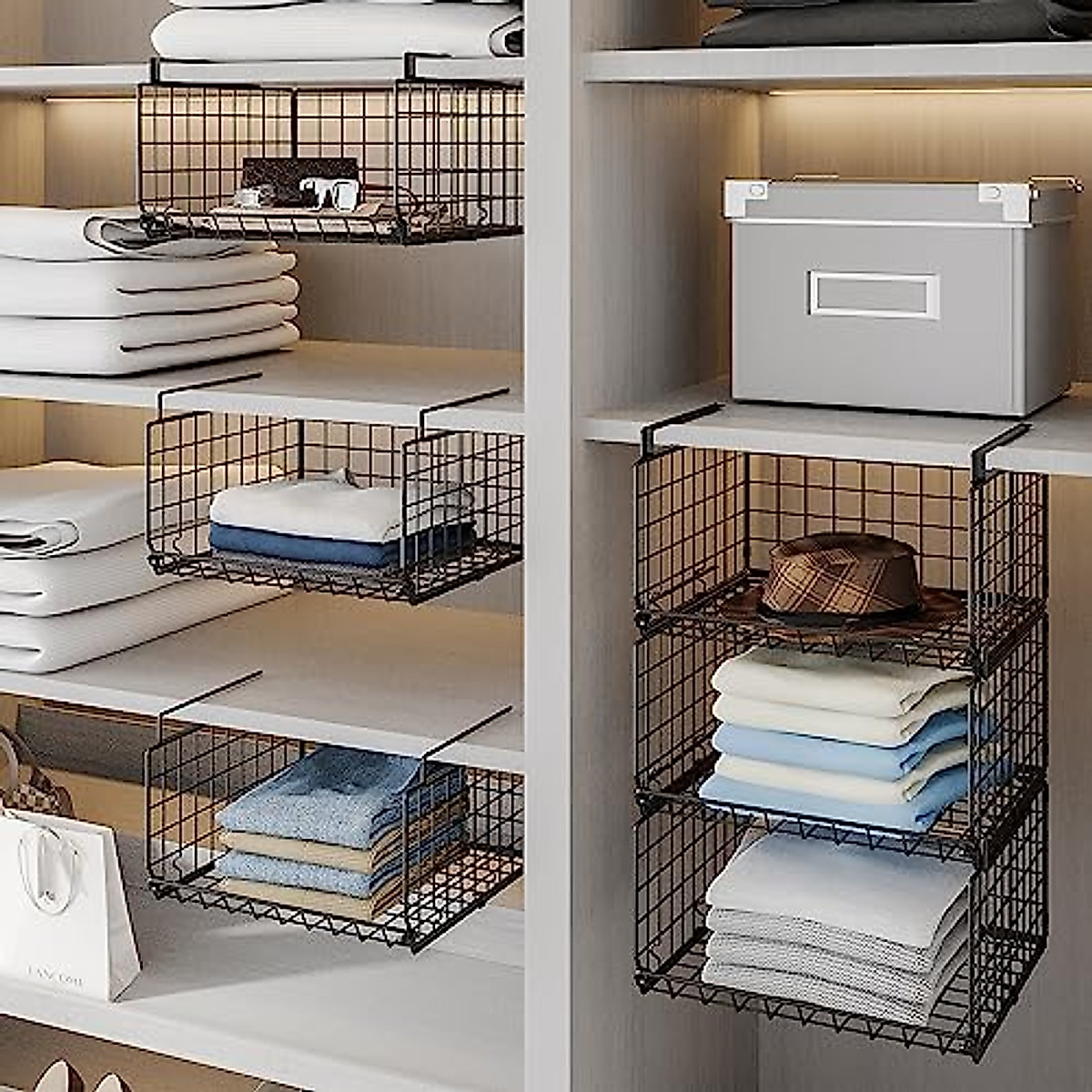 3-Tier Under Closet Shelf Basket Hanging Clothes Storage Organizer Slides Under Shelves Space Saving Stackable Cabinet Bins Foldable Metal Wire Rack with 2 Hooks for Clothing Sweaters Bedroom