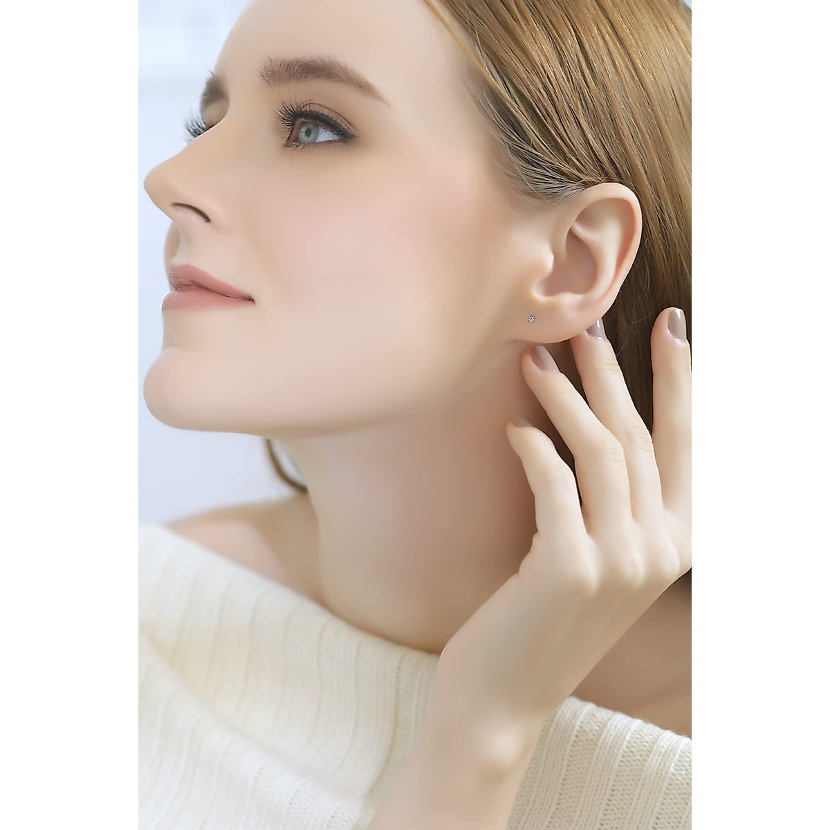 Real Gold Earrings 14K White Round Cubic Zirconia 2mm Tiny Studs Cartilage CZ Earring for Mens