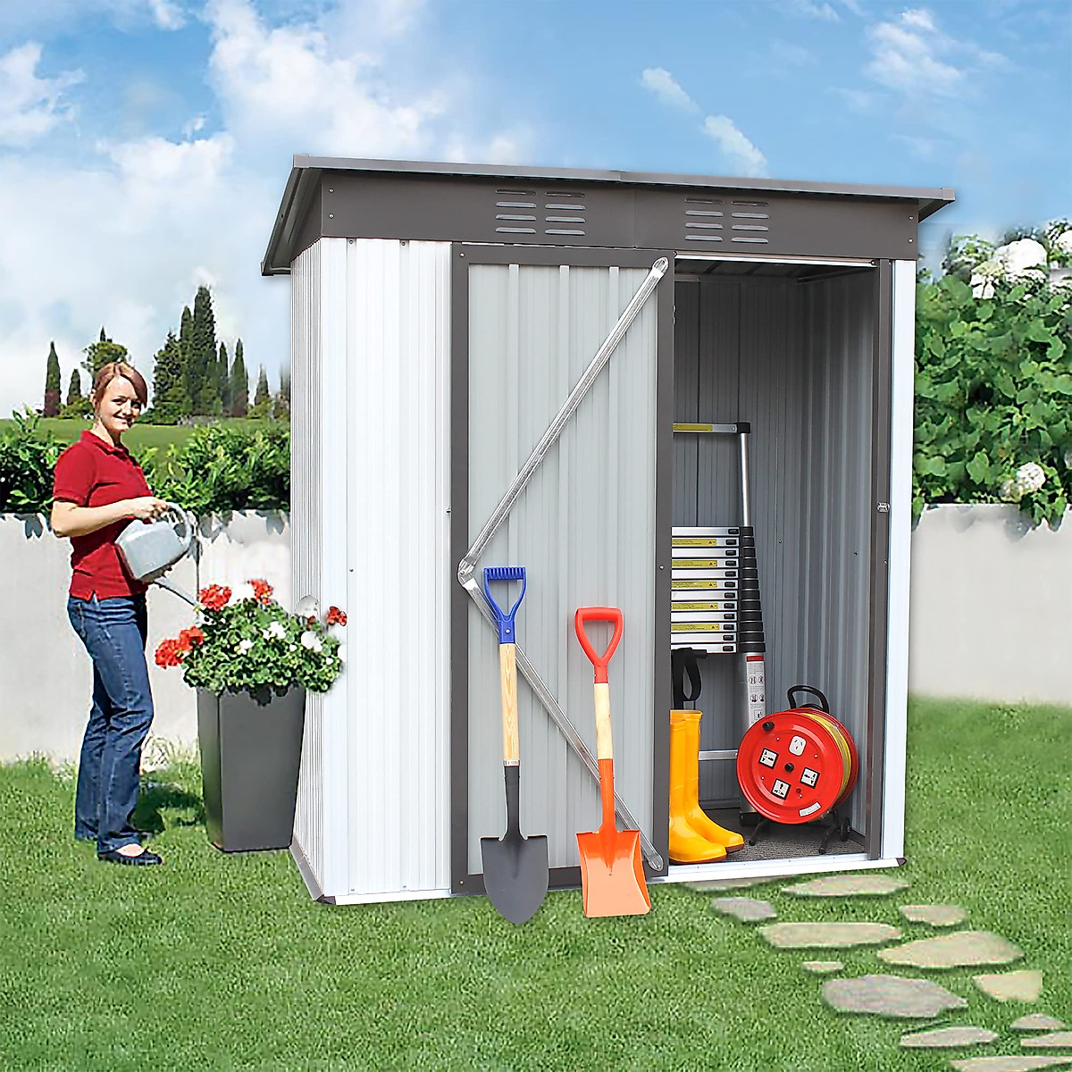 5 x 3ft Outdoor Metal Storage Shed，with Lockable Doors, Sun Protection, Waterproof Tool Storage Shed for Patio, Lawn,Backyard (Gray)