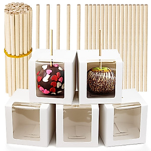 FIREBOOMOON 30 PCS White Kraft Candy Apple Boxes with Holes and Sticks,Caramel Candied Apple Cake Cookies Chocolate Gift Boxes with Clear Window for Wedding,Party,Baby Shower(4" x 4" x 4")