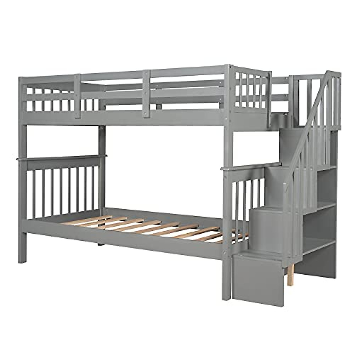 Harper & Bright Designs Twin Over Twin Bunk Beds with Stairs Wood Bunk Bed Frame with Storage Shelves for Kids Boys Girls Teens, Can be Divided into 2 Beds, Gray