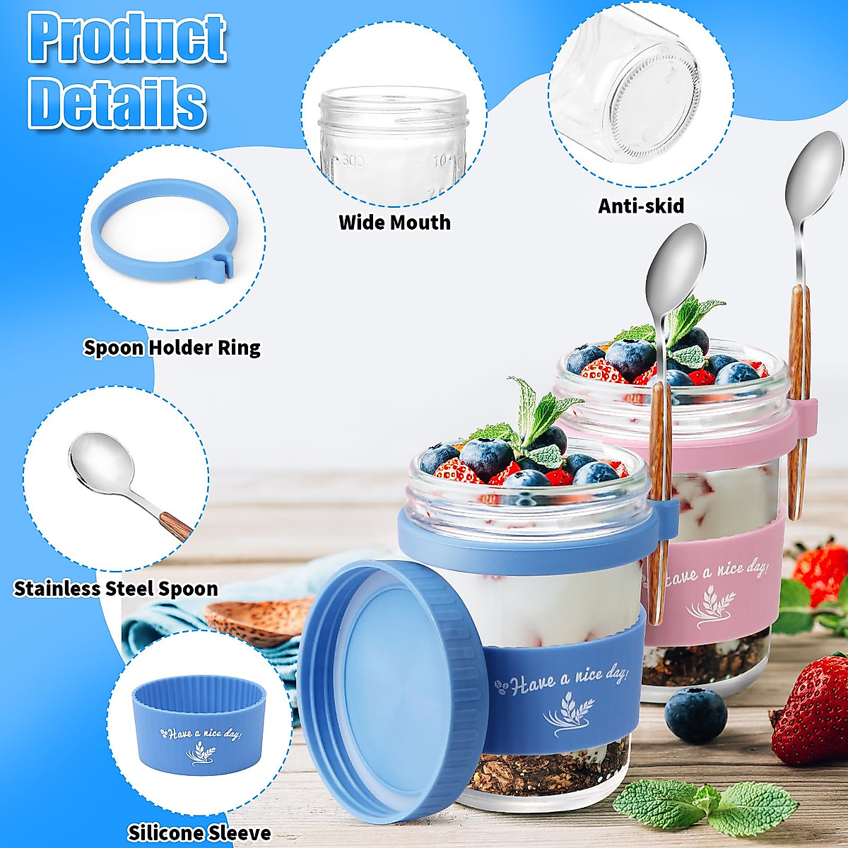 6 Pack Overnight Oats Containers with Lids and Spoon, 10 oz Glass Mason Jars with Sleeve Airtight Oatmeal Container with Measurement Marks Chia Pudding Jars with Lids for Milk Cereal Fruit Meal Prep