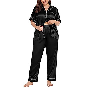 SWOMOG Women's Plus Size Pajamas Silk Satin Pajama Set Short Sleeve Shirt with Full-Length Pants Pj Set Soft Sleepwear 22W Black