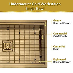 STRICTLY SINKS 32” Gold Work Station Kitchen Sink Undermount Accessory Shelf Single Bowl Square Drain Stainless Steel 90 Degree Radius 16 Gauge–With Single Square Disposal Adapter