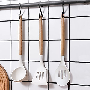 IOCBYHZ Silicone Kitchen Utensils Set of 5, Cooking Utensils Set with Heat Resistant Wooden Handle Non-Stick Silicone Spatula Spoon Turner Ladle Set, BPA FREE Kitchen Gadgets Utensil Set for Cookware