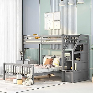 Harper & Bright Designs Twin Over Full Bunk Beds with Storage Stairs, Wooden Stairway Bunk Beds with Removable Bottom Bed and Guardrails for Kids Girls Boys,No Box Spring Needed (Grey)