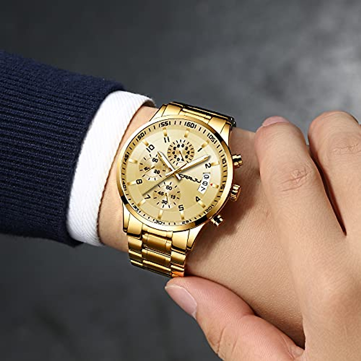 CRRJU Men's Golden Watches Luxury Business Waterproof Calendar Quartz Watches for Men Chronograph Stainless Steel Band Wristwatches