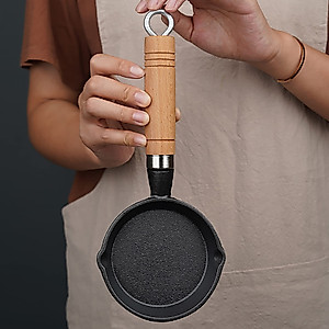 UPTALY 6.1 inch Mini Cast Iron Skillet, Omelet Pans, No Coating, Physical Non Stick Pan, Small Frying Pan with Wood Handle, Japanese Omelette Pan, Black Miniture Skillet for Baked Cookie/Brownie