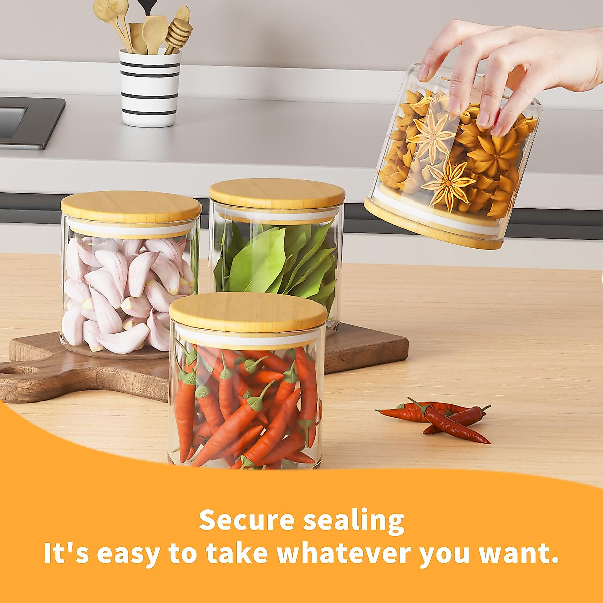 6 Piece Glass Storage Jars Set with Airtight Bamboo Lids and Labels, 20oz/600ml Glass Spice Jars Food Storage Containers for Home Kitchen,Pantry, Tea, Sugar, Salt, Coffee, Flour, Herbs, Grains