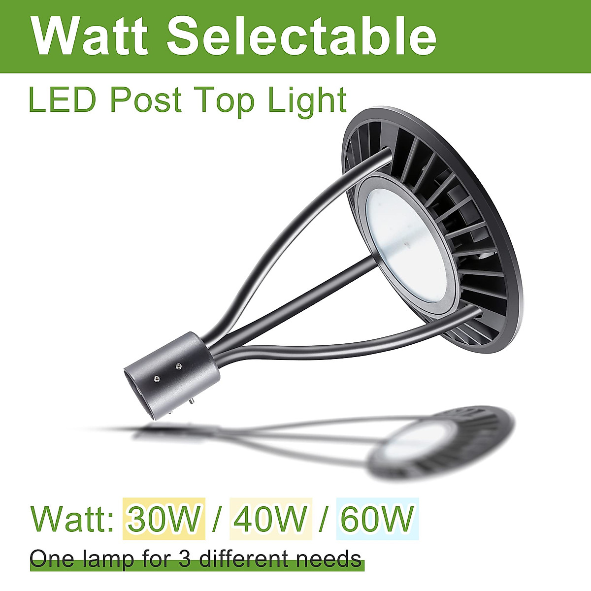 LED Post Top Pole Light with Dusk to Dawn Photocell, 20W/30W/40W/60W Wattage Selectable, 3000K/4000K/5000K CCT Tunable, LED Garden Area Lights for Pathway IP65 Waterproof