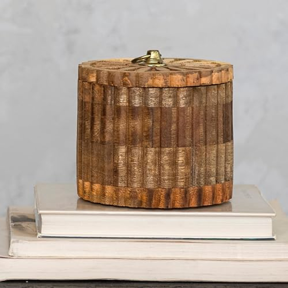 Creative Co-Op 5.75 Inches Round Carved Mango Wood Pleated Lid and Metal Pull, Natural and Antique Gold Finish Display Box