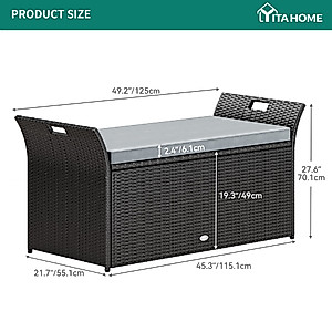 YITAHOME 90 Gallon Outdoor Wicker Storage Bench w/Cushion, Large PE Rattan Deck Storage Box w/Handles & Hydraulics for Patio Furniture, Cushions, Garden Tools, Pool & Sports Equipment, Black&Grey