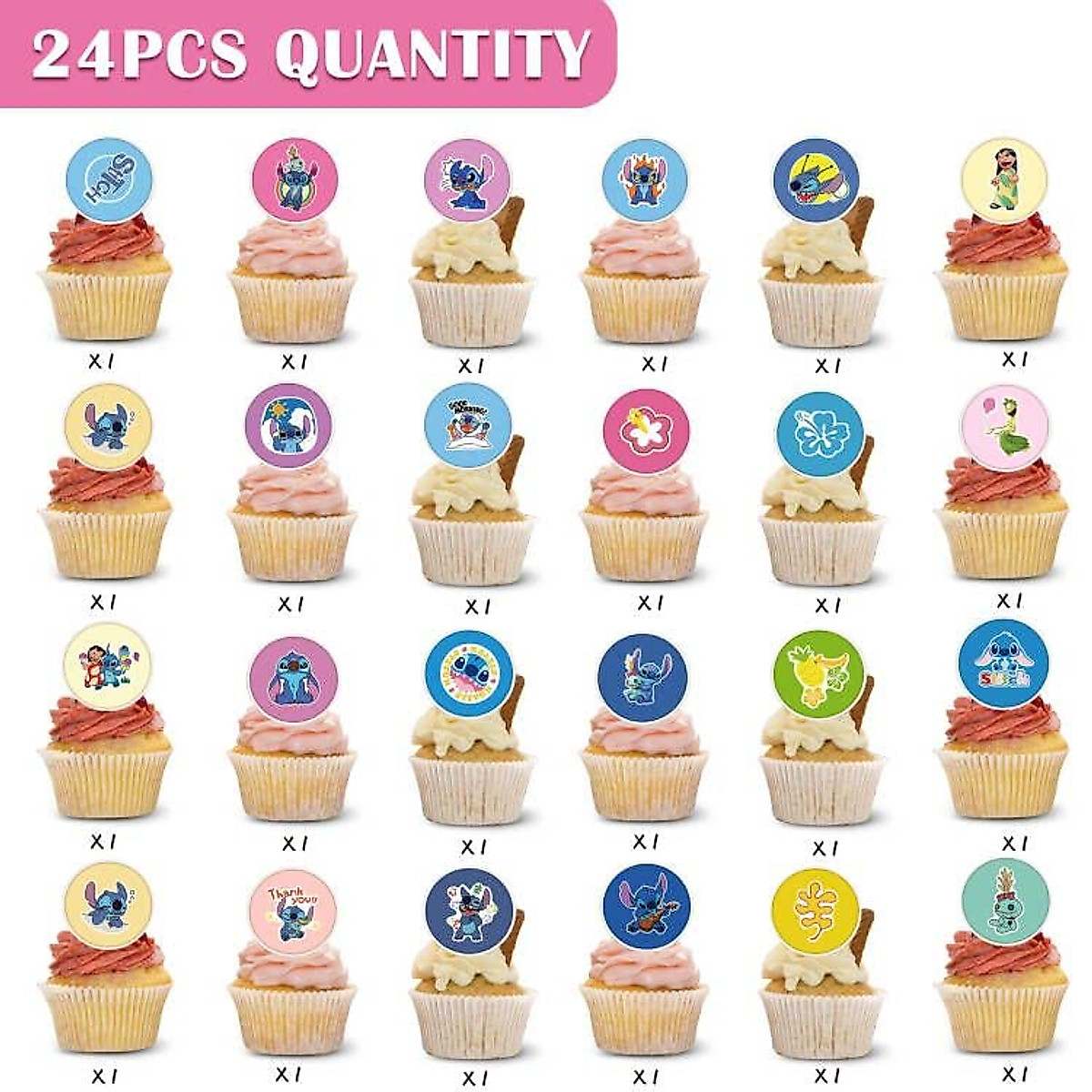 24pcs Stitch Cake Toppers Cupcake Ring Decor for Kids Cartoon Theme Birthday Party Supplies Baking Decorations Party Favors