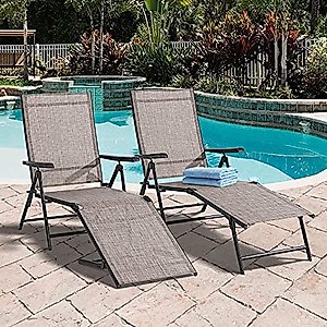 QAQA Patio Double Chaise Lounge Chairs Set of 2, Outdoor Adjustable Steel Textiline Folding Reclining Lounge Chair Outdoor Lay Out Chairs for Lawn Garden Pool Beach Yard Gray