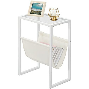 HOOBRO Narrow Side Table, Tempered Glass End Table with Fabric Magazine Sling, Small Coffee Accent Table, Bedside Table for Small Space, Bedroom, Living Room, Modern Style, White WT66BZ01