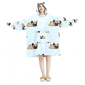 Cute French Bulldog Puppy Pattern Wearable Blanket Hoodie,Oversized Hooded Blanket Sweatshirt