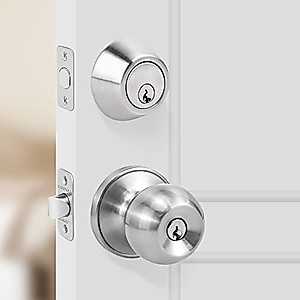 LOQRON Key Entry Ball Door Knob and Single Cylinder Deadbolt Lock Combo Set Security for Entrance and Front Door with Satin Nickel Finish