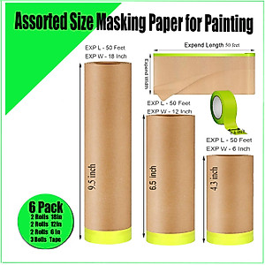 YUNXIHUI Masking Paper, 6 Rolls Automotive Paint Paper Roll with Tape, Assorted Sizes Tape and Drape, Masking Paper for Painting Car and Auto Body,Floor Protection, Wall Covering(6in 12in 18in)