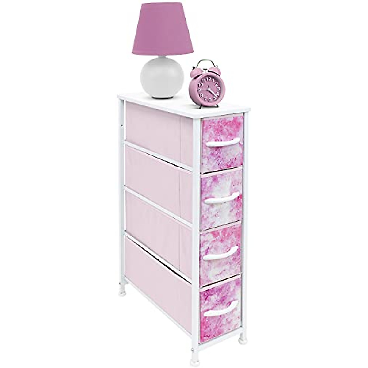 Sorbus Narrow Dresser Tower with 4 Drawers - Vertical Storage for Bedroom, Bathroom, Laundry, Closets, and More, Steel Frame, Wood Top, Easy Pull Fabric Bins (Tie-dye Pink)