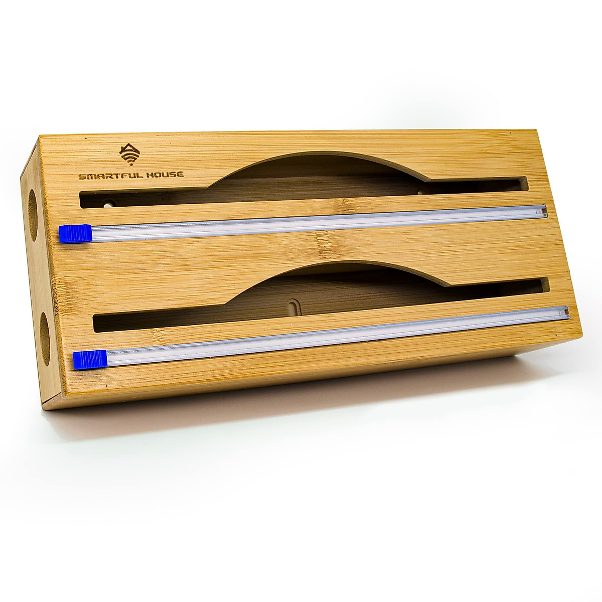 SmartfulHouse 2 in 1 Bamboo Dispenser, Aluminum Foil, Wax Paper, Parchment and Plastic Wrap Dispenser with Cutters for Kitchen Drawer, Roll Organizer Holder, Compatible with 12" Roll