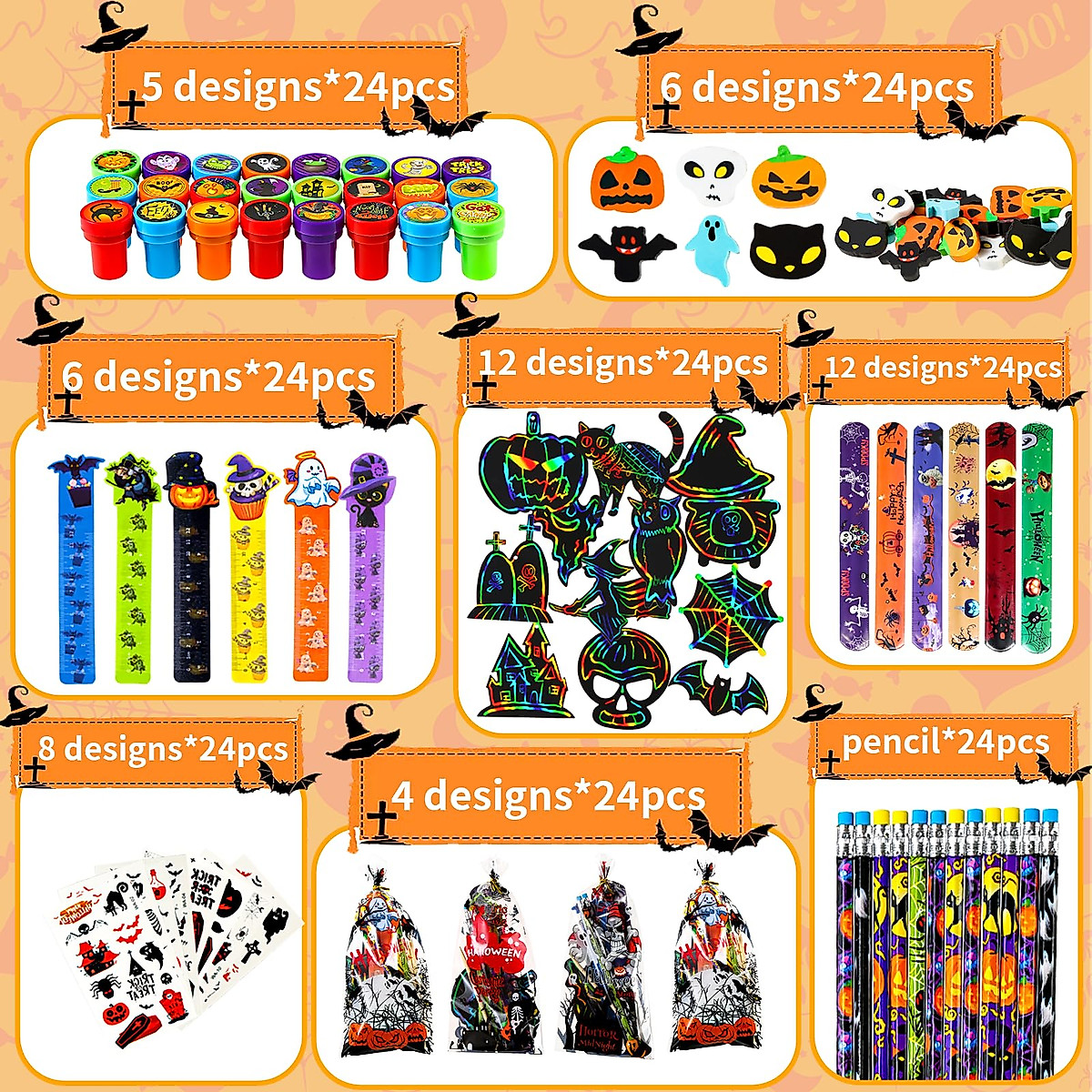 192Pcs Halloween Favors Stationery Gift Set, Trick or Treat Gifts for Kids, Halloween Party Favors for Kids Classroom Prizes Bulk Halloween School Supplies Goodie Bag Stuffers Fillers