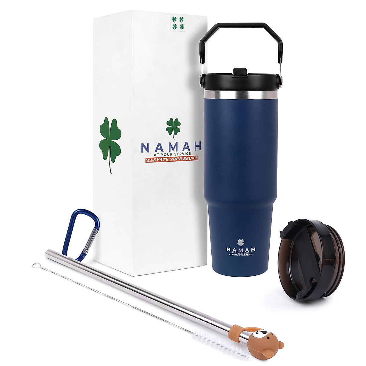 30 oz Stainless Steel Vacuum Insulated Tumbler with Handle Lid and Straw Leak and Spill Proof Travel Tumbler Cup with 2 Lids and Teddy Straw Cap Water Tumblers for Women and Men 890 ml