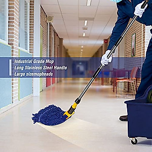 Gadhra Commercial Mop, Looped-End String Industrial Mop, Heavy Duty Mops with 2 String Mop Heads for Floor Cleaning, Blue/Yellow